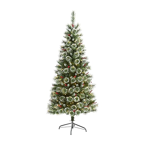 Nearly Natural 6 Foot Flocked Pine Pre-Lit Christmas Tree  One Size  Green