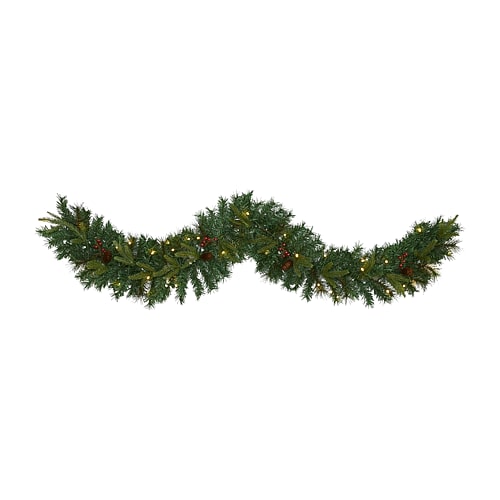Mixed Pine Artificial Christmas Garland with Lights  Berries and Pinecones  72 - Green
