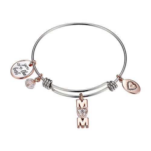 Footnotes Mom Womens Crystal Stainless Steel Heart Bangle Bracelet  One Size  Silver Rose Gold