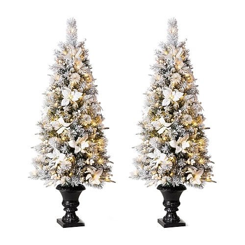 Click here for Glitzhome 5 Foot Pre-Lit Flocked Pine Christmas Tr... prices