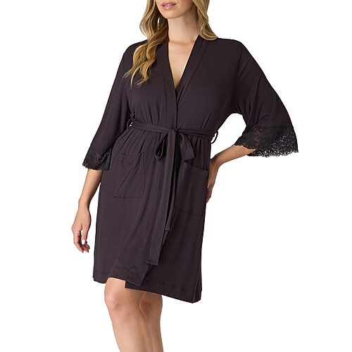 Bali Breathe Womens Sleepwear Robe with Pockets  Soft Stretch Lace DFD143  X-large  Black