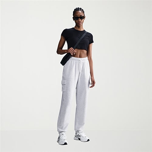 Nike Womens Sportswear Club Fleece Mid-Rise Oversized Cargo Sweatpants in Birch Heather/Black Size: XS