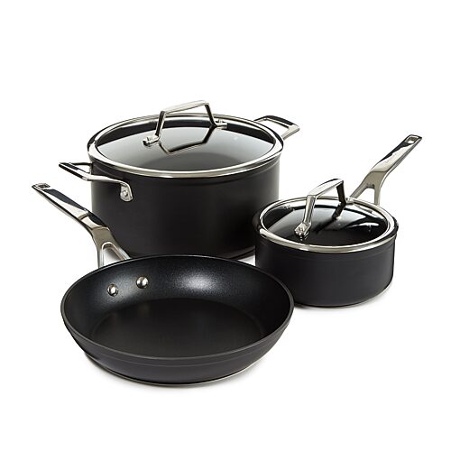 BergHOFF Essentials 5Pc Non-stick Hard Anodized Cookware Starter Set With Glass lid  Black - Black