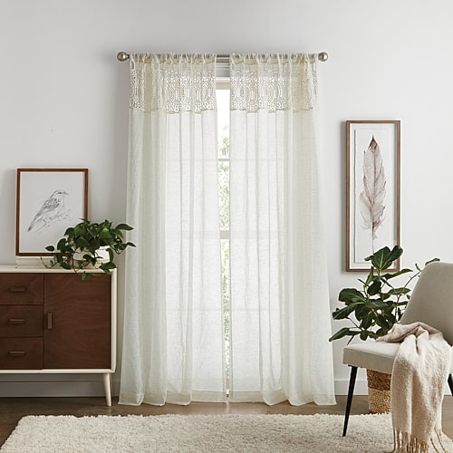 Martha Stewart Piece Macrame Rod Pocket Embellished Light-Filtering Set of 2 Curtain Panel  One Size  White