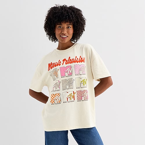 Click here for Mtv Grid Oversized Tee Womens Juniors Crew Neck Sh... prices