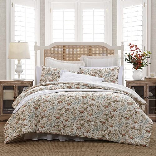 Laura Ashley Bramble Floral Cotton Reversible 2-Piece Comforter Set  Twin - Persimmon  Wheat