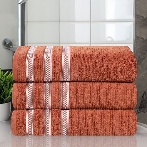 Superior Brea Zero Twist Cotton Ribbed Geometric Border Plush Soft Absorbent 3-Piece Bath Towel Set - Rust