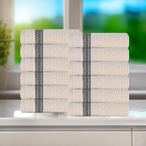 Superior Brea Zero Twist Cotton Ribbed Geometric Border Plush Soft Absorbent Towel Set