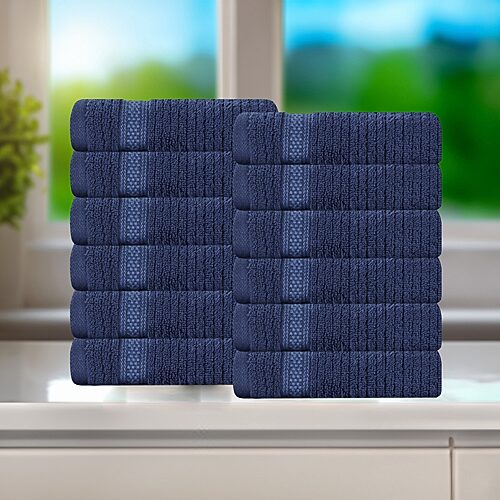 Superior Brea Zero Twist Cotton Ribbed Geometric Border Plush Soft Absorbent 12-Piece Washcloth Set - Navy Blue