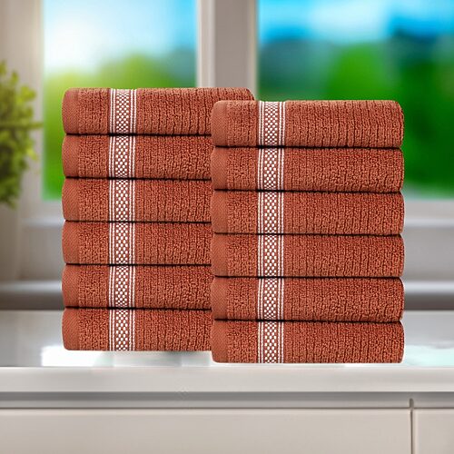 Superior Brea Zero Twist Cotton Ribbed Geometric Border Plush Soft Absorbent 12-Piece Washcloth Set - Rust