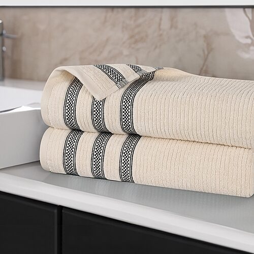 Superior Brea Zero Twist Cotton Ribbed Geometric Border Plush Soft Absorbent 2-Piece Bath Sheet Set - Ivory