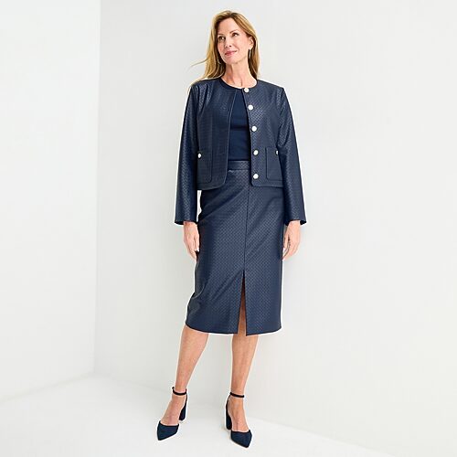 Liz Claiborne Womens Mid Rise Midi Faux Leather A-Line Skirt  8  Blue