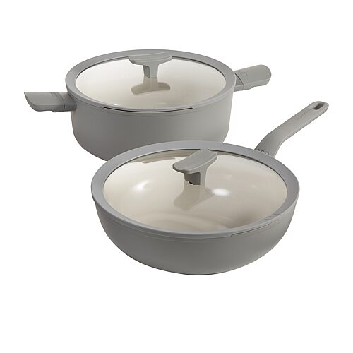 BergHOFF Balance 4Pc Non-stick Ceramic Stockpot and Wok Pan Set  Glass Lids  Recycled Aluminum - Moonmist