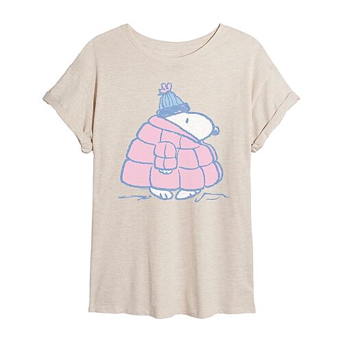 Click here for Peanuts Snoopy Coat Tee Womens Juniors Scoop Neck... prices