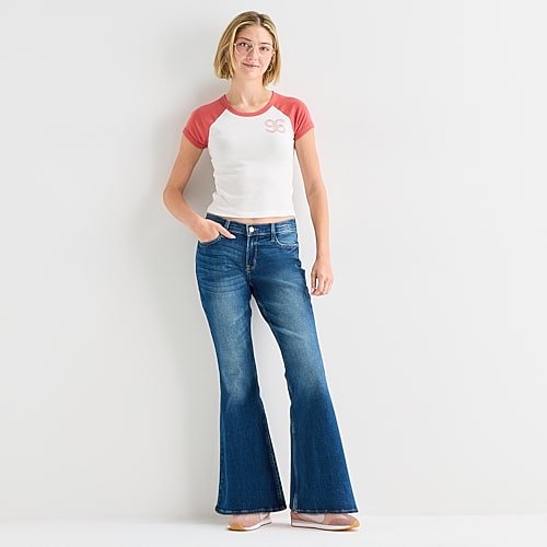Click here for Arizona Womens Juniors Low Rise Stretch Fabric Fla... prices