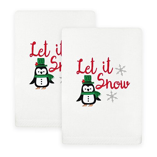 Linum Home Christmas Let It Snow Embroidered Luxury 100 Turkish Cotton Hand Towels  2 Piece Set - White