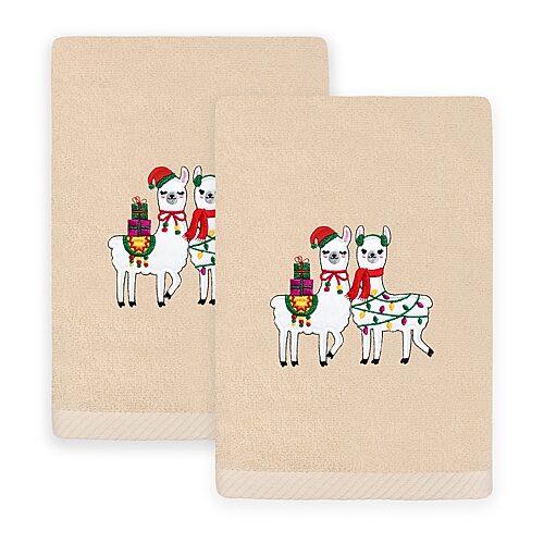 Linum Home Christmas Llamas Embroidered Luxury 100 Turkish Cotton Hand Towels  2 Piece Set - Sand