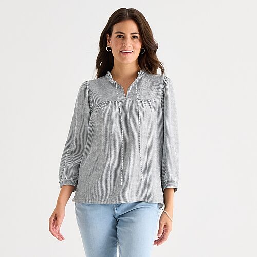 Click here for St. Johns Bay Womens Split Tie Neck 3/4 Sleeve Blo... prices