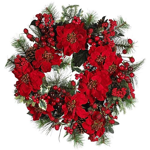 Click here for Nearly Natural 24in Poinsettia Wreath  One Size  G... prices