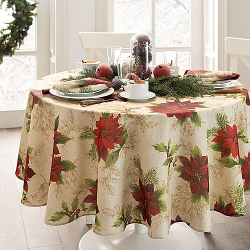 Elrene Festive Poinsettia Holiday Round Tablecloth  70 x 70 - Multi