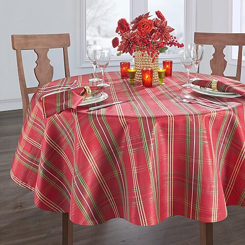 Elrene Shimmering Plaid 70 Round Tablecloth - Red Green