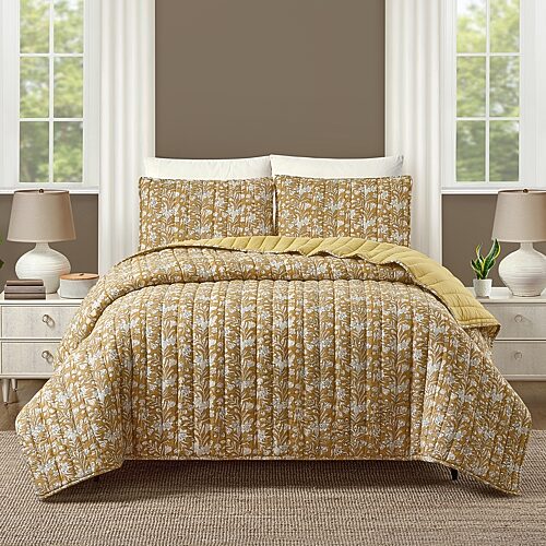Laurel & Mayfair Sketched Floral Block Print 3-pc. Floral Quilt Set  One Size  Yellow