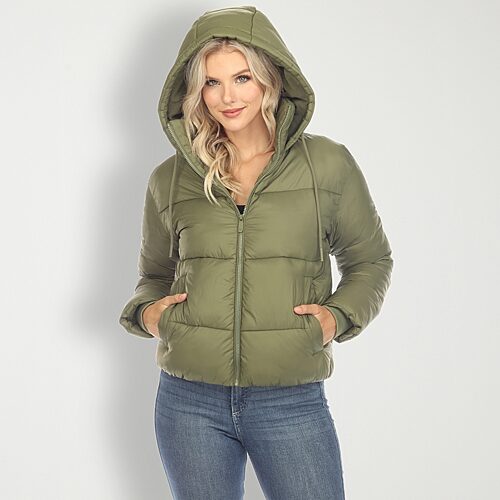 Click here for Womens White Mark Zip Hooded Bomber Puffer Jacket prices