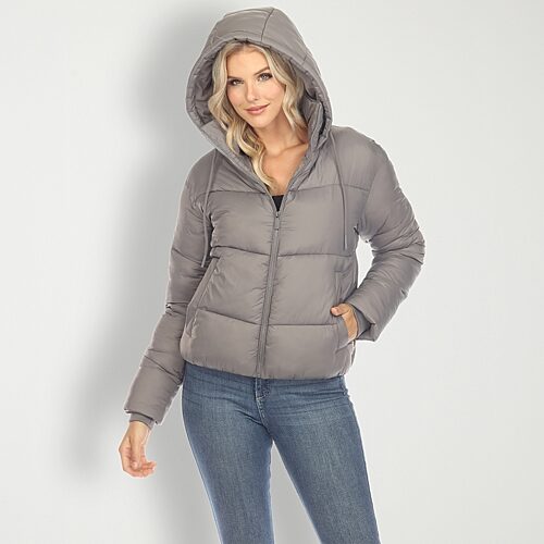 Click here for Womens White Mark Zip Hooded Bomber Puffer Jacket prices