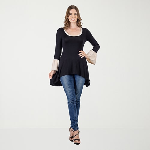 Click here for Womens 24/7 Comfort Apparel Black & Beige Hi-Low T... prices