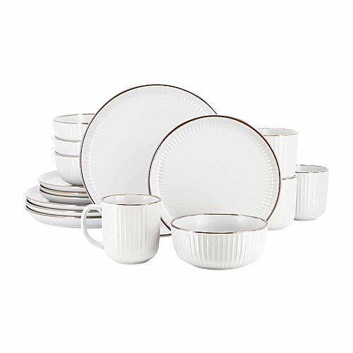 Elama Leo 16 Piece Stoneware Dinnerware Set In White