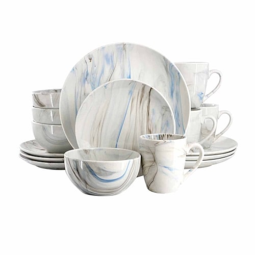 Elama Fine Marble 16 Piece Porcelain Dinnerware Set in Blue and Gray