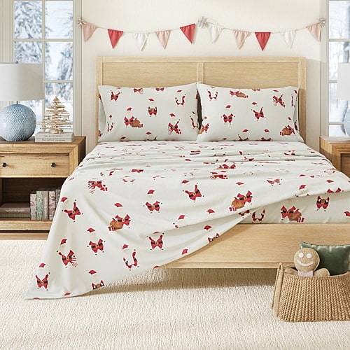 Linery Cotton Holiday Print Flannel Wrinkle Resistant Sheet Set  One Size  Red