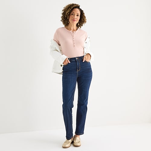 Liz Claiborne Lana Womens High Rise Straight Leg Jean  4 Petite  Blue
