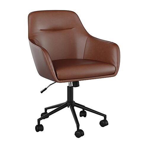 Martha Stewart Rayna Swivel Task Chair with Flared Arms for Home Office in Saddle Brown Faux Leather with Oil Rubbed Bronze Frame