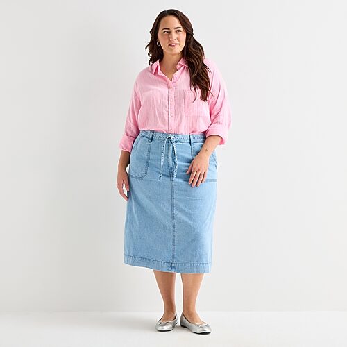 Click here for St. Johns Bay Womens Plus High Rise Midi A-Line Sk... prices