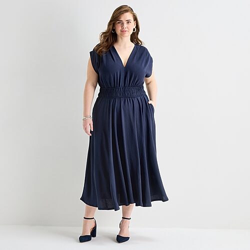 Click here for Melonie T Womens Plus Midi V Neck Short Sleeve Cap... prices
