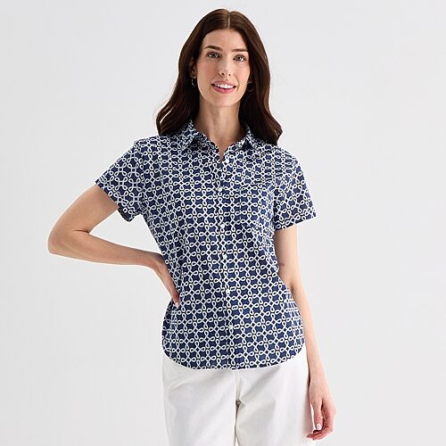 Click here for St. Johns Bay Womens Short Sleeve Regular Fit Butt... prices