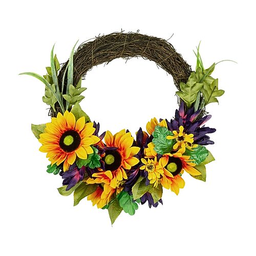 Click here for Sunflower and Mum Twig Autumn Artificial Floral Wr... prices