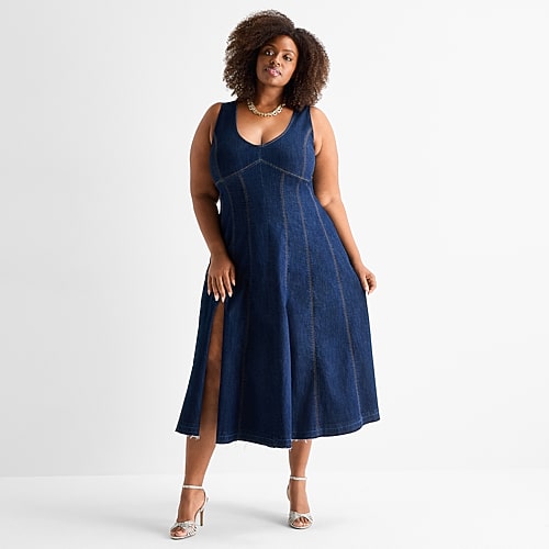 Click here for Ashley Graham Womens Plus V Neck Sleeveless A-Line... prices