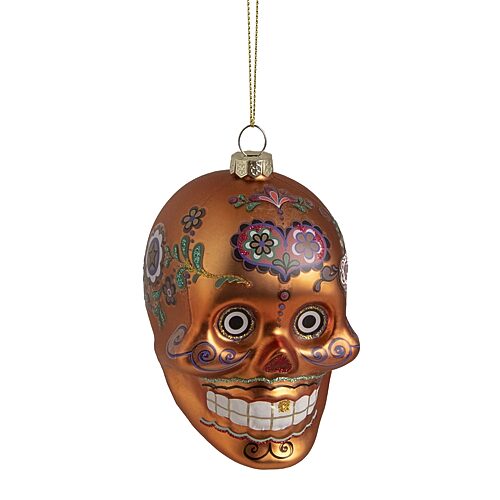 Click here for 4 Orange Day of the Dead Glass Skull Halloween Orn... prices