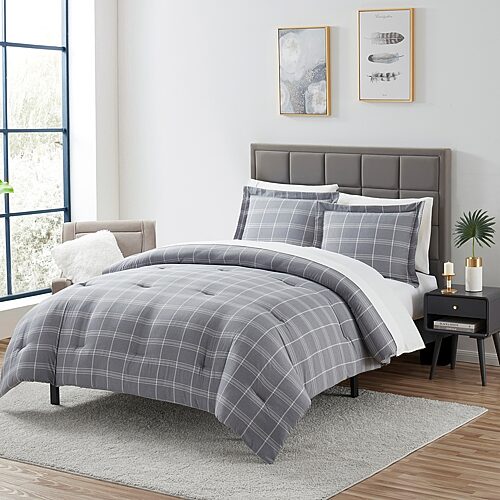Sweet Home Collection Chambray Weave Plaid Midweight Down Alternative Comforter Set  One Size  Gray