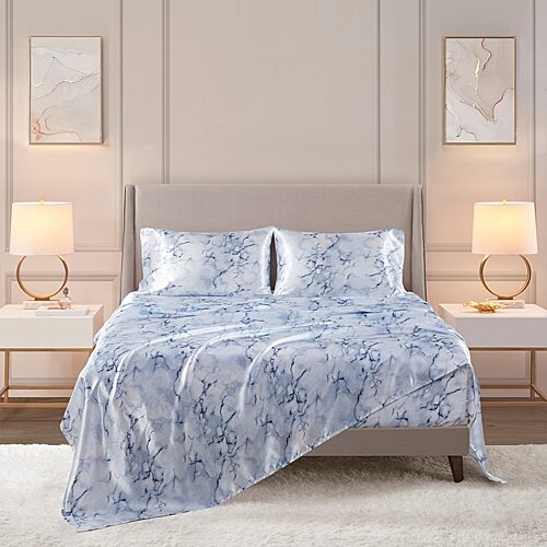 Madison Park Essentials Printed Satin Sheet Set  Full - Blue Marble
