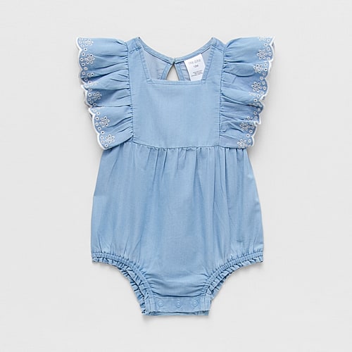 Click here for Okie Dokie Chambray Baby Girls Sleeveless Romper... prices