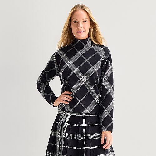 Click here for Liz Claiborne Womens Mock Neck Long Sleeve Plaid P... prices