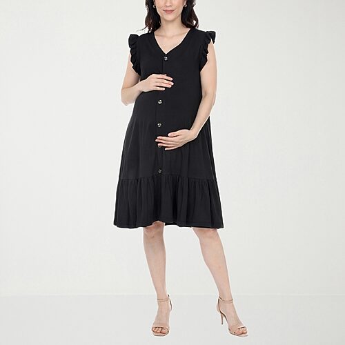 White Mark Plus Size Flutter-Sleeve Button-Front Tiered Maternity Dress - Black