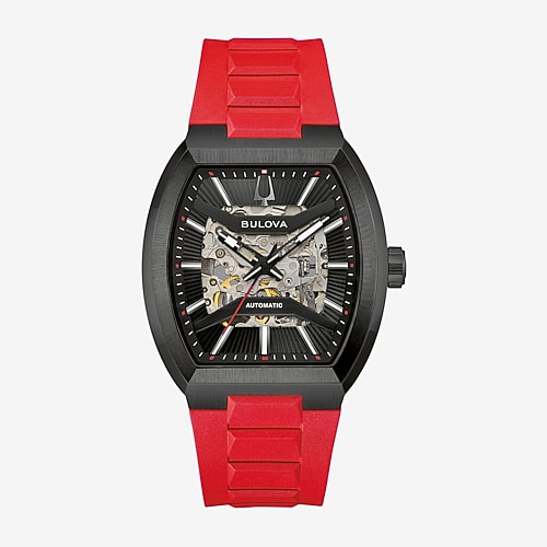Click here for Bulova Maquina Mens Automatic Red Strap Watch 98a3... prices