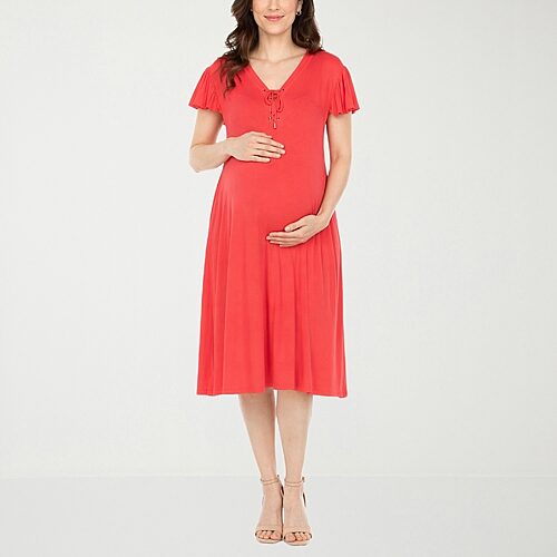 White Mark Plus Size Flutter-Sleeve Tie-Neck Maternity Dress - Coral