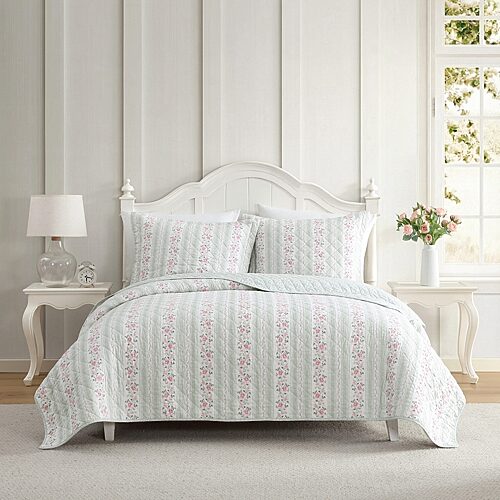 Click here for Laura Ashley Rosebud Stripe Reversible 3-Pc. Quilt... prices