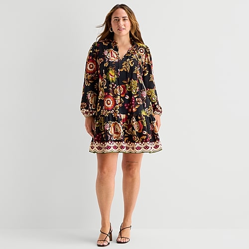 Click here for Maia Womens Plus V Neck Long Sleeve Floral Shift D... prices