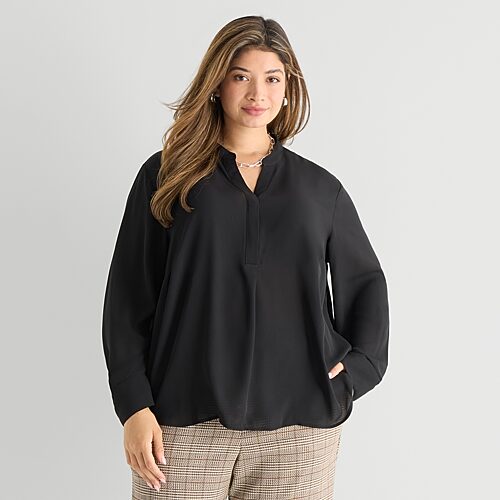 Click here for Worthington Womens Plus Henley Neck Long Sleeve Bl... prices